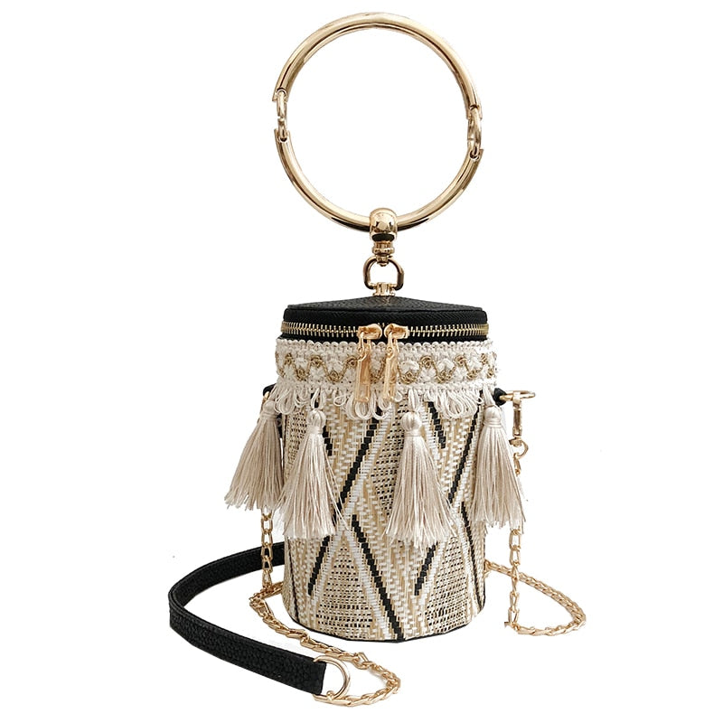Straw Round with Metal Ring Tassel Chain Purse