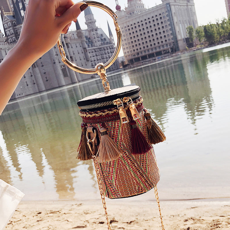 Straw Round with Metal Ring Tassel Chain Purse